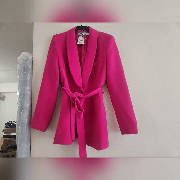 Zara | Jackets & Coats | Zara Belted Tuxedo Collar Blazer Neon Fuschia ...